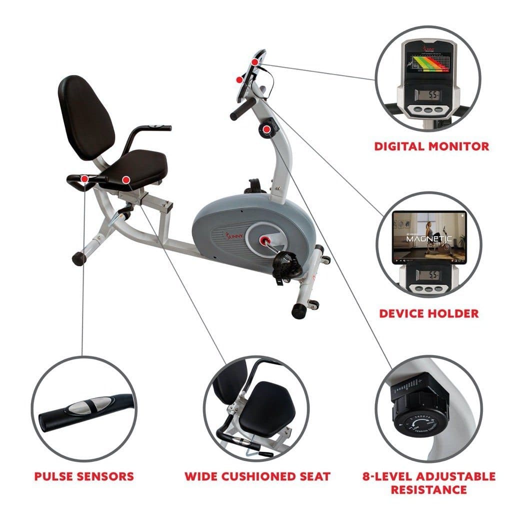 Exercise Band Sunny Health & Fitness Magnetic Recumbent Exercise Bike, 350lb Spin Bike
